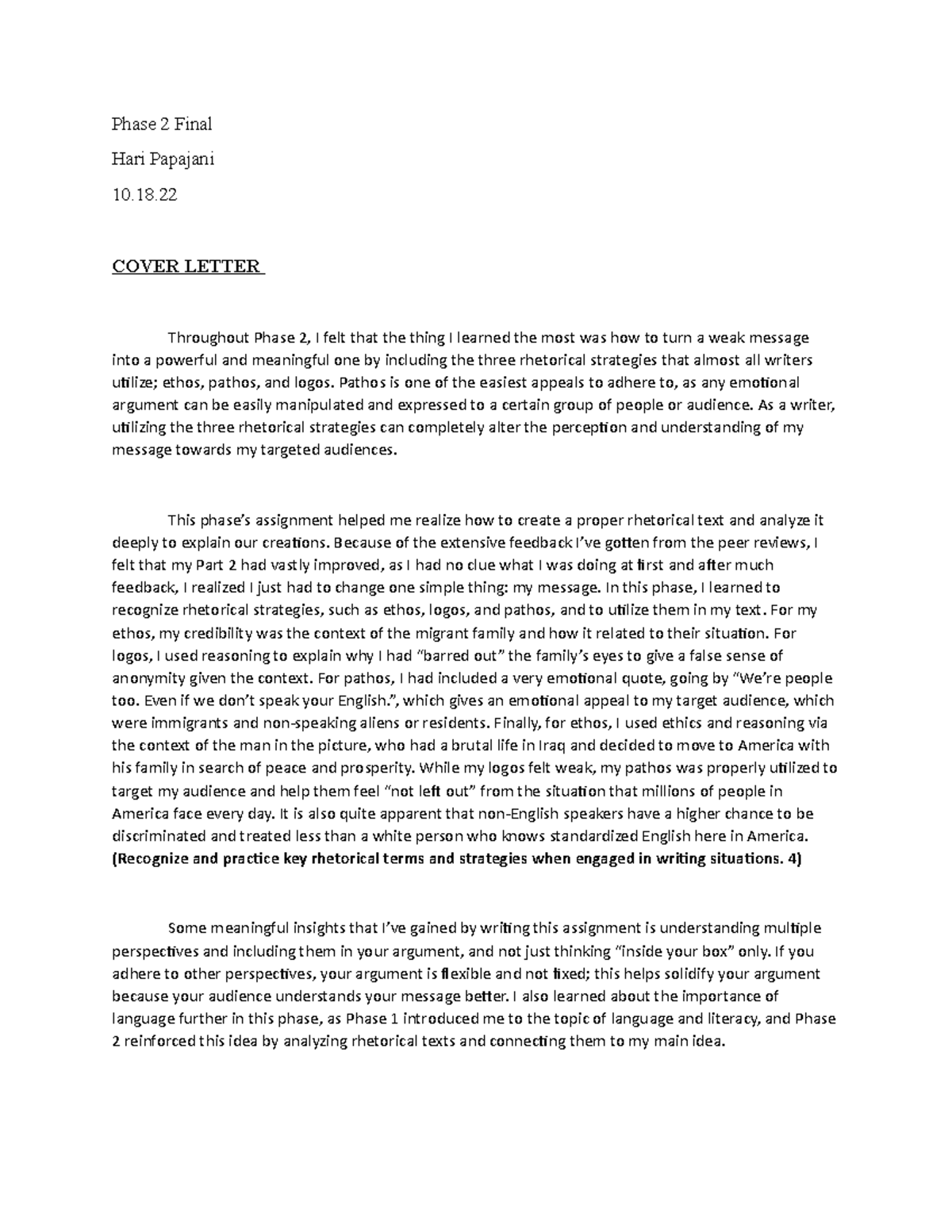 Part 3 Final - phase 2 - rhetorical analysis paper. prof: stephanie ...