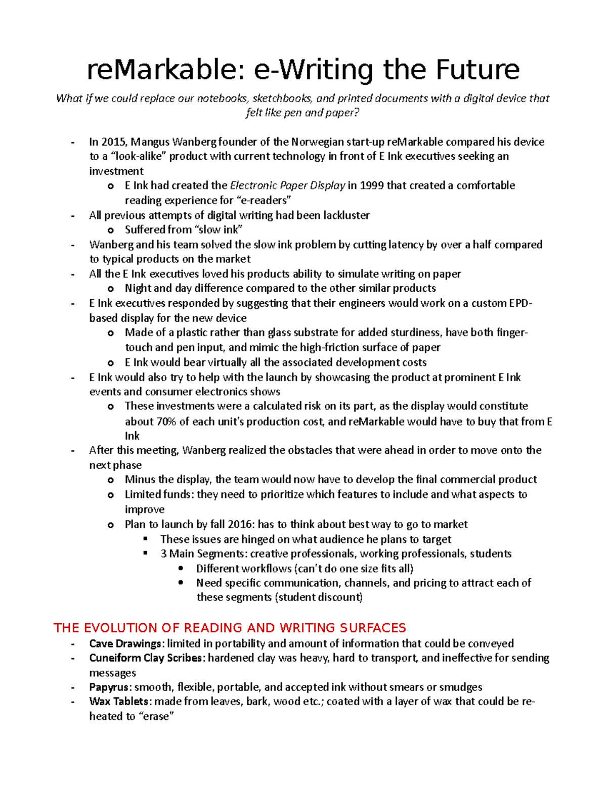 Re Markable - Notes for case study - reMarkable: e-Writing the Future ...
