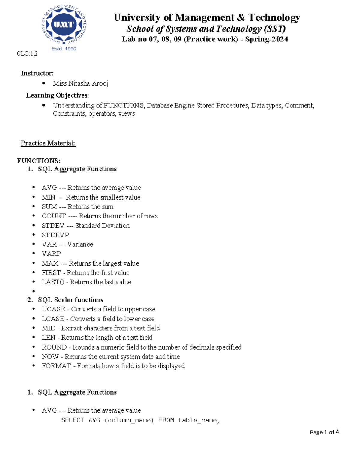 Database Lecture No 7 8 Practice Material Of Queries University Of Management And Technology