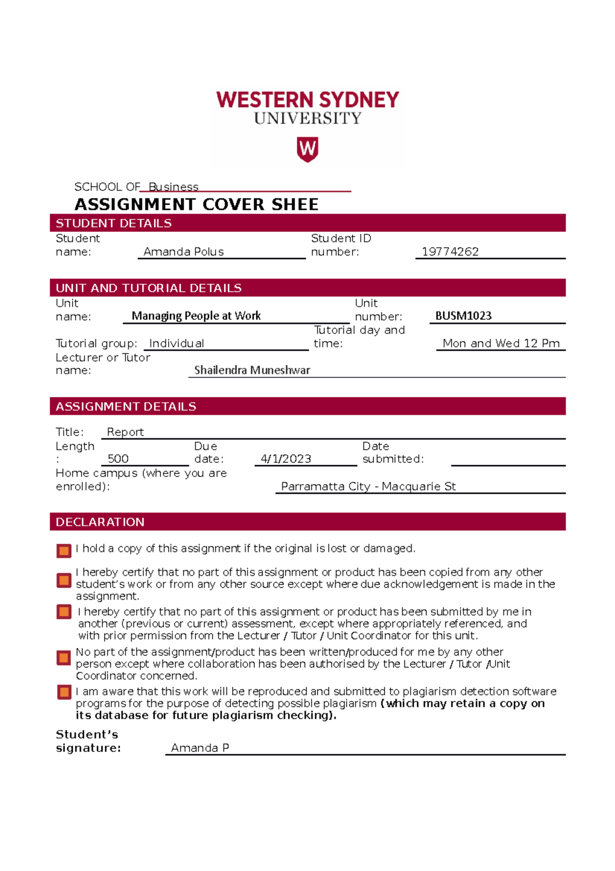 Managing People at Work - report - SCHOOL OF Business ASSIGNMENT COVER ...