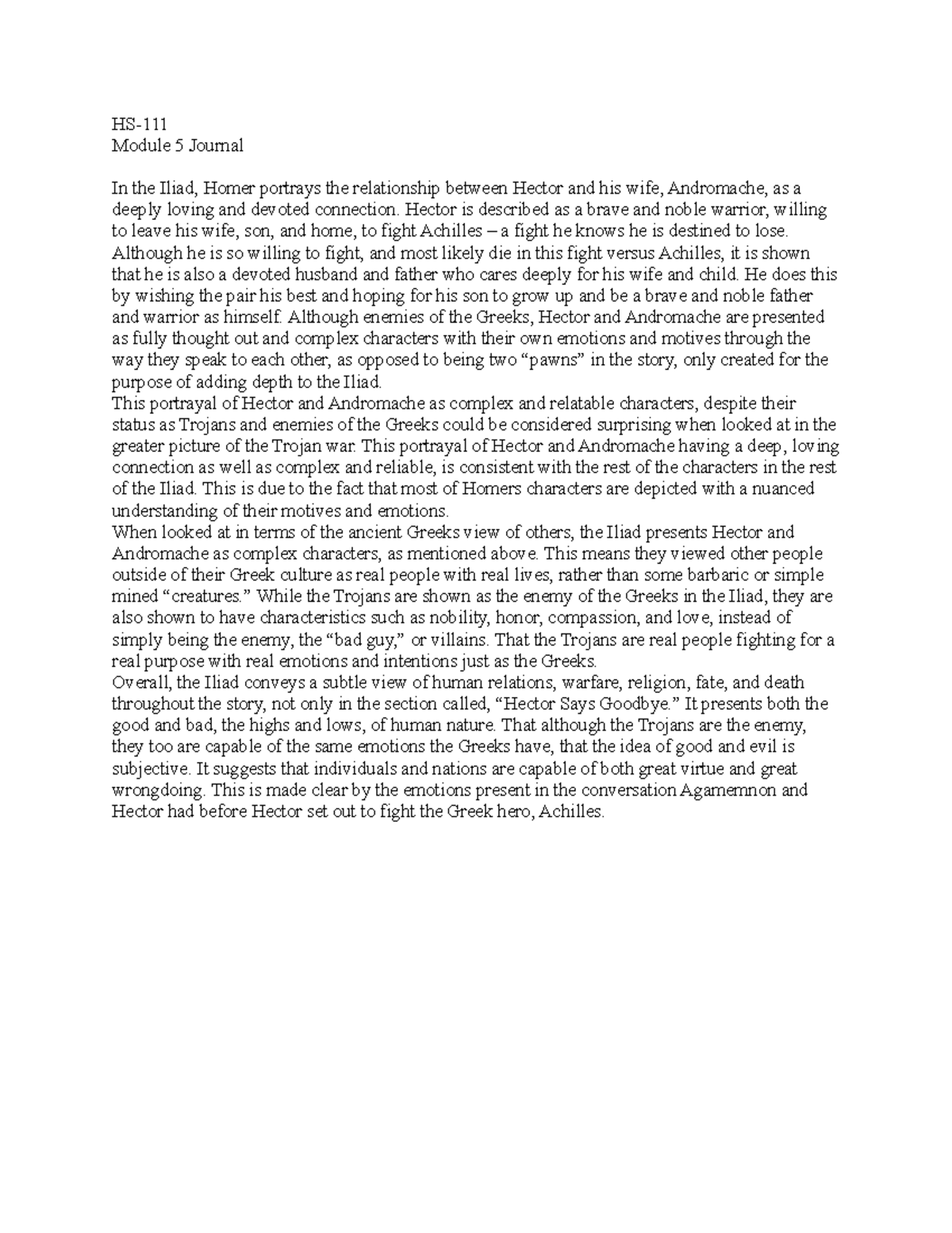 HS-111 Module 5 Journal - HS- Module 5 Journal In the Iliad, Homer ...