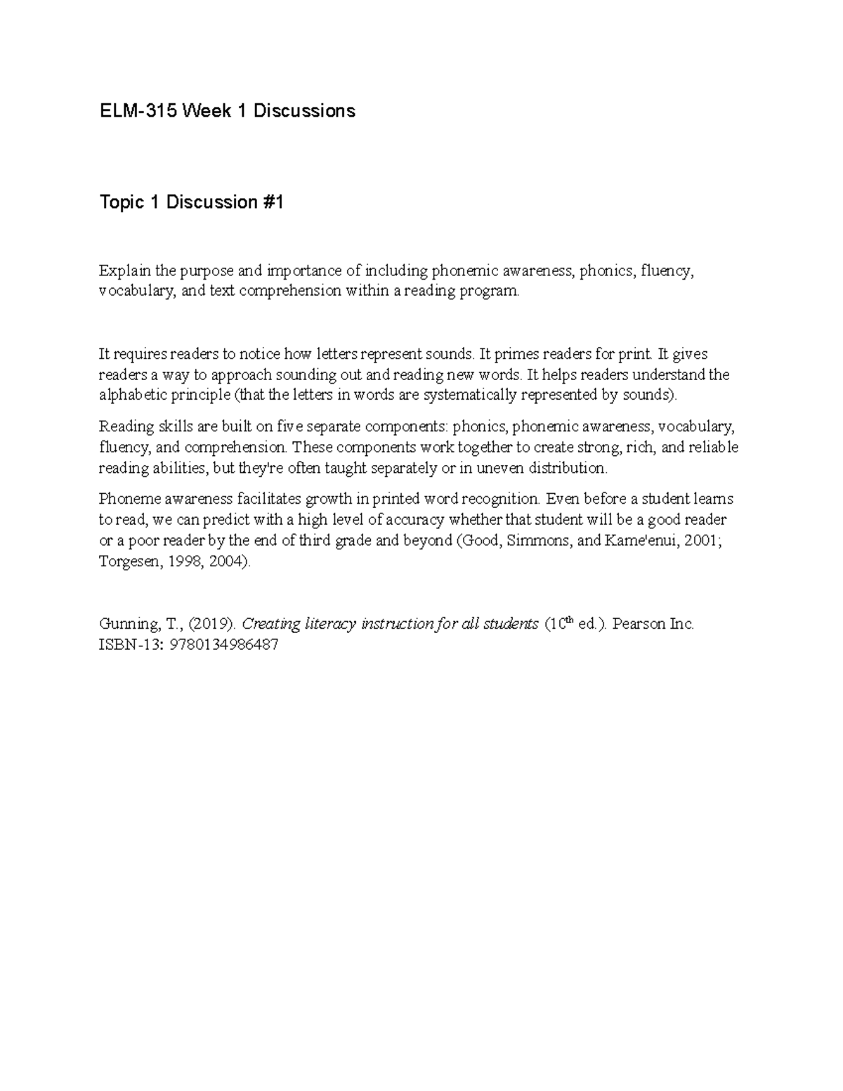 Week 1 Discussion Questions - ELM-315 Week 1 Discussions Topic 1 ...