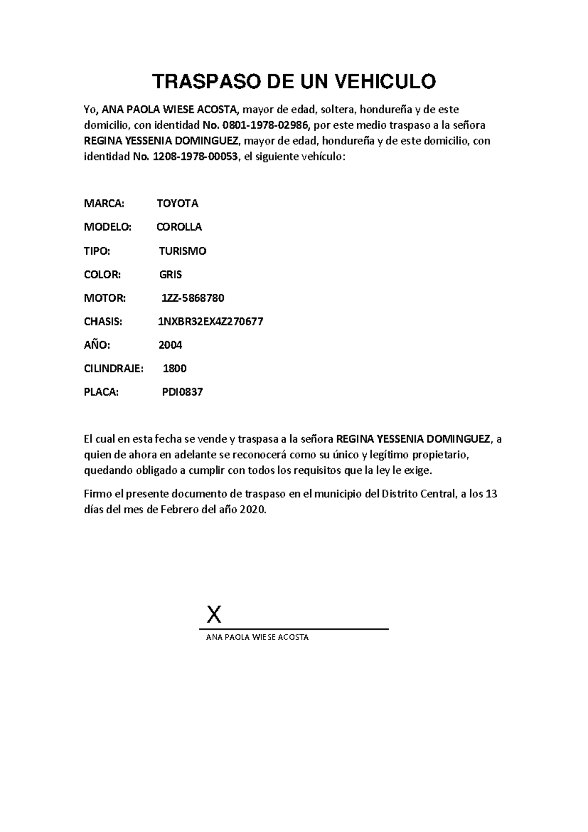 Traspaso DE Regina - trasapaso - TRASPASO DE UN VEHICULO Yo, ANA PAOLA ...