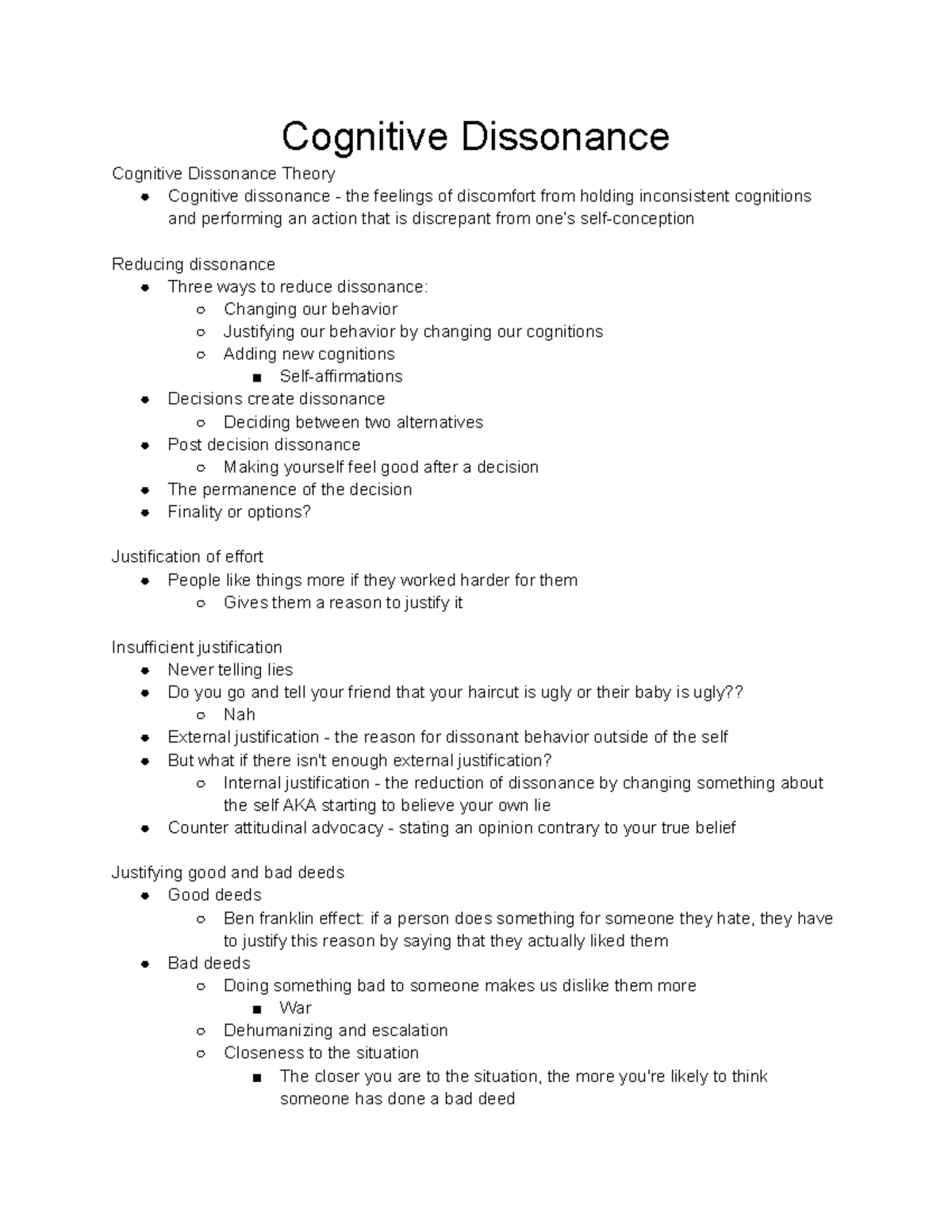 Cognitive Dissonance Notes - Cognitive Dissonance Cognitive Dissonance ...