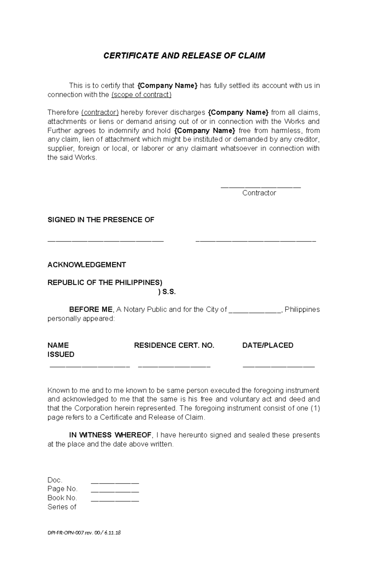 Certificate and Release of Claim - CERTIFICATE AND RELEASE OF CLAIM ...