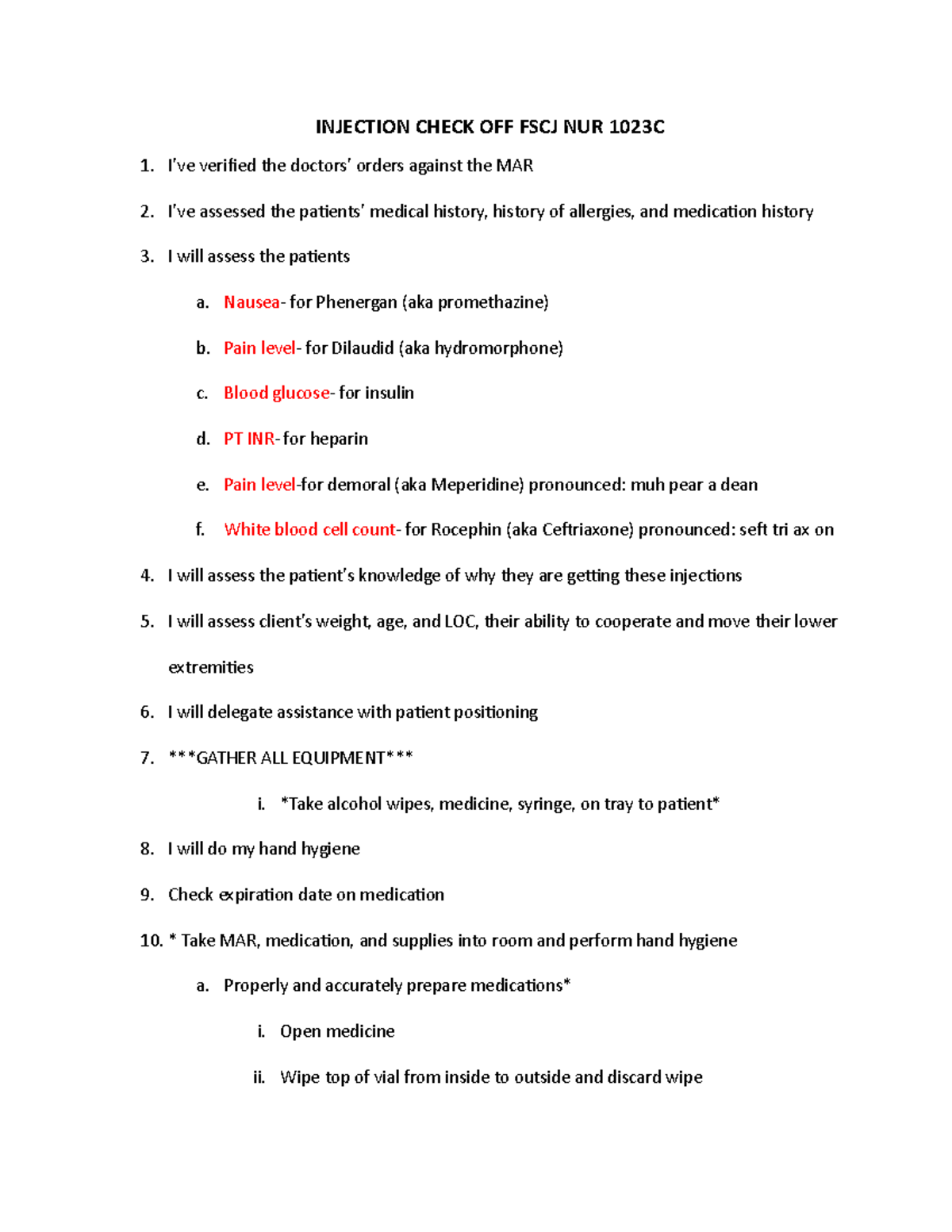 Injection Check Off (with verbiage) - INJECTION CHECK OFF FSCJ NUR ...