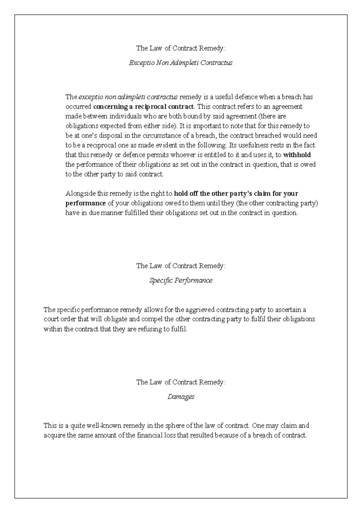 Class Notes Summary - The Law of Contract - The Exceptio Non Adimpleti ...
