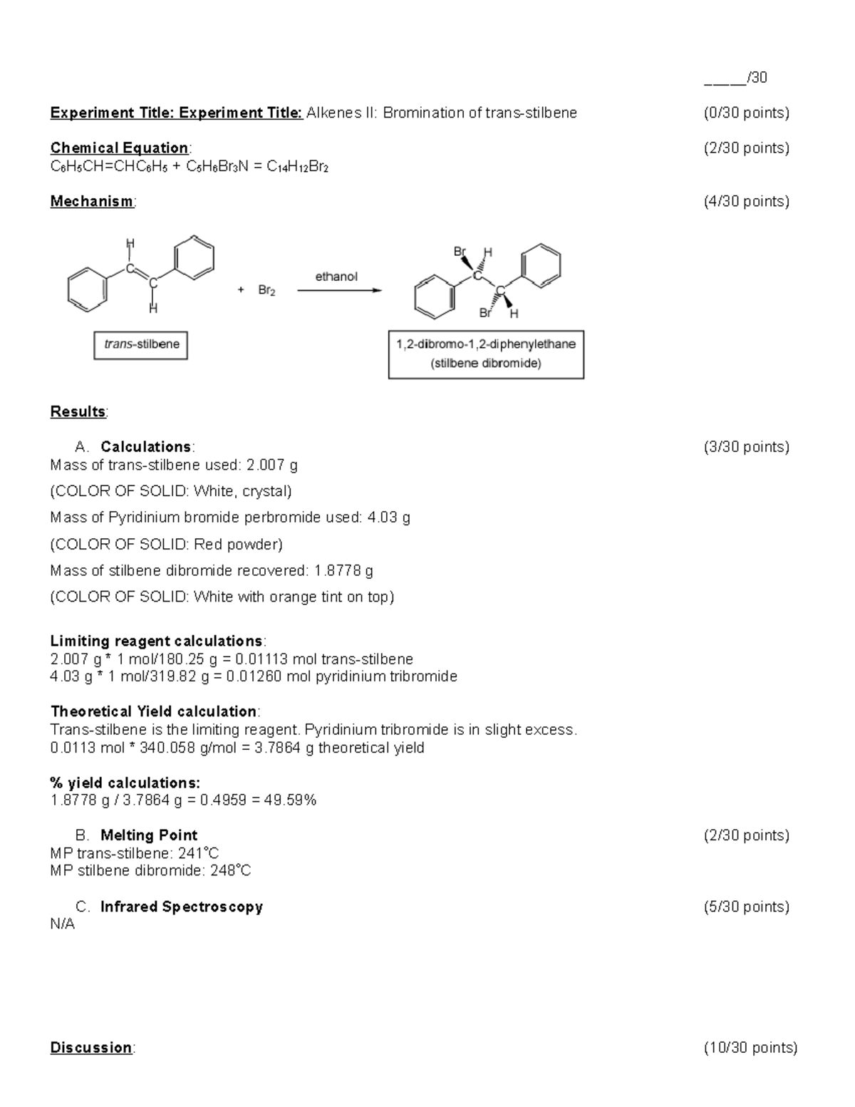 Lab Report 9 Alkenes II bromination of trans-stilbene - _____/ Experiment Title: Experiment ...
