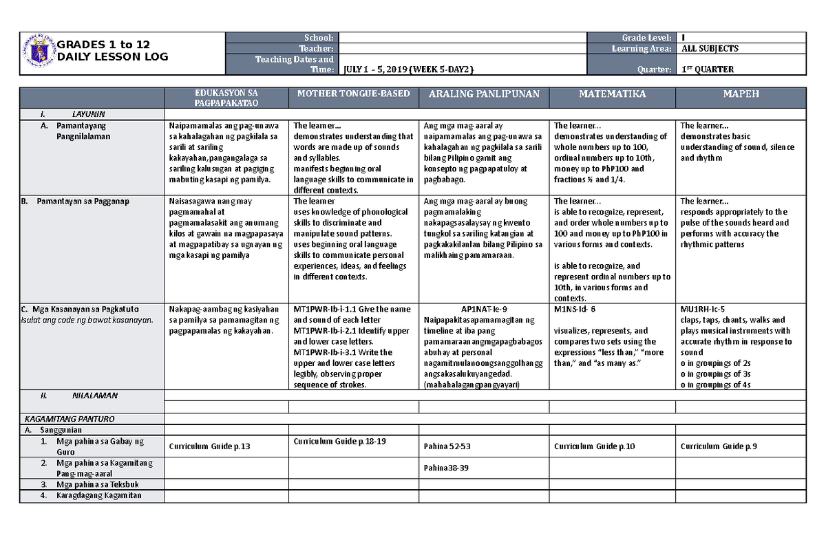 DLL ALL Subjects 1 Q1 W5 D2 - GRADES 1 to 12 DAILY LESSON LOG School ...
