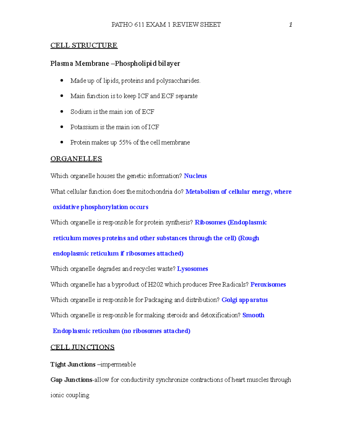 Patho exam 1 review sheet - CELL STRUCTURE Plasma Membrane ...