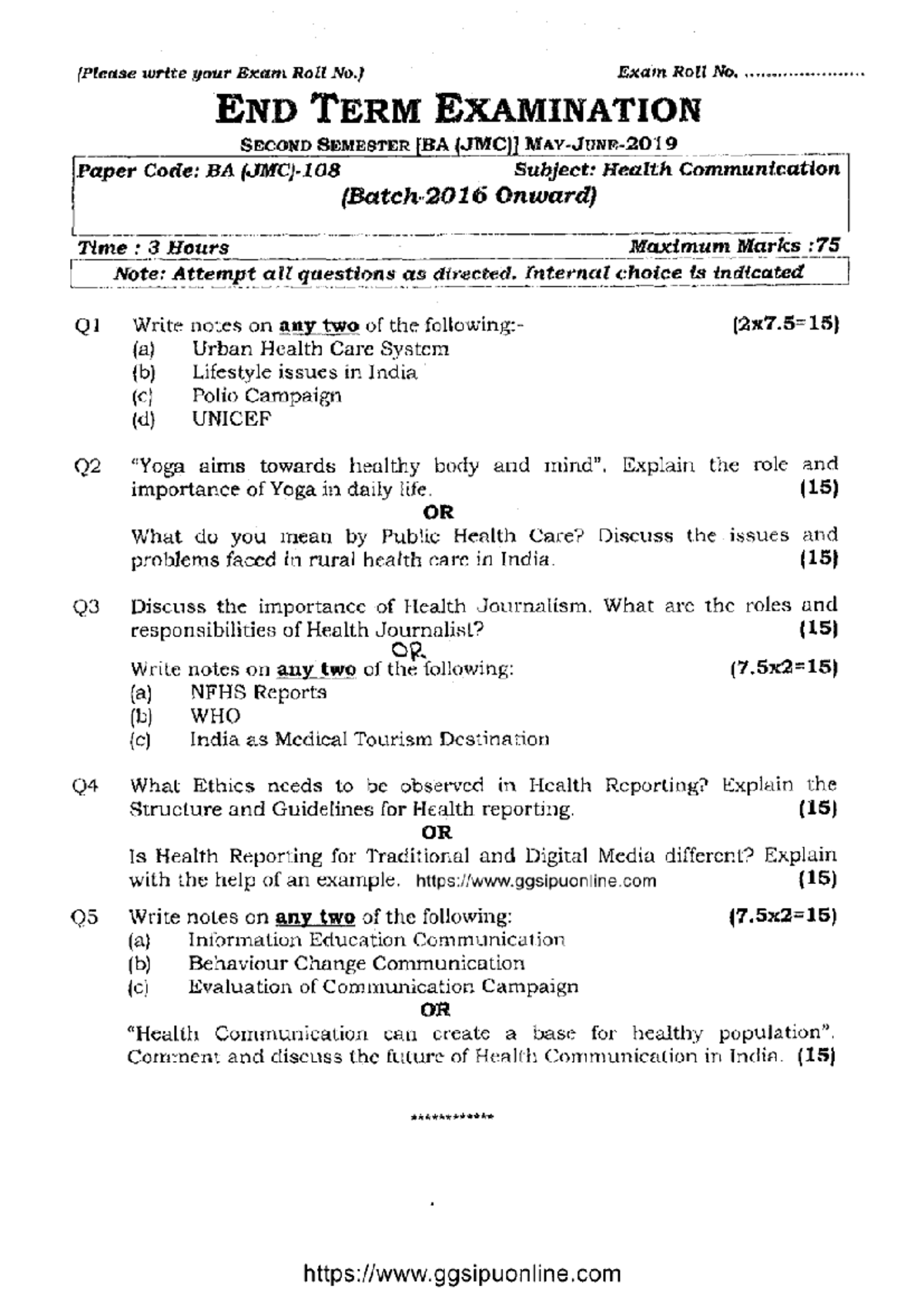 Ba 2 sem jmc health communication ba 108 - (Please write your Exam Roll ...