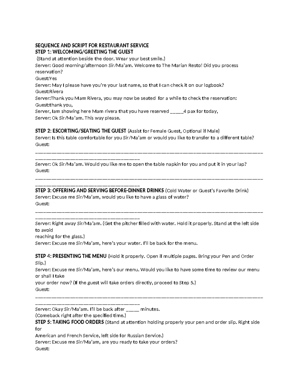 Sequence AND Script FOR Restaurant Service - SEQUENCE AND SCRIPT FOR ...