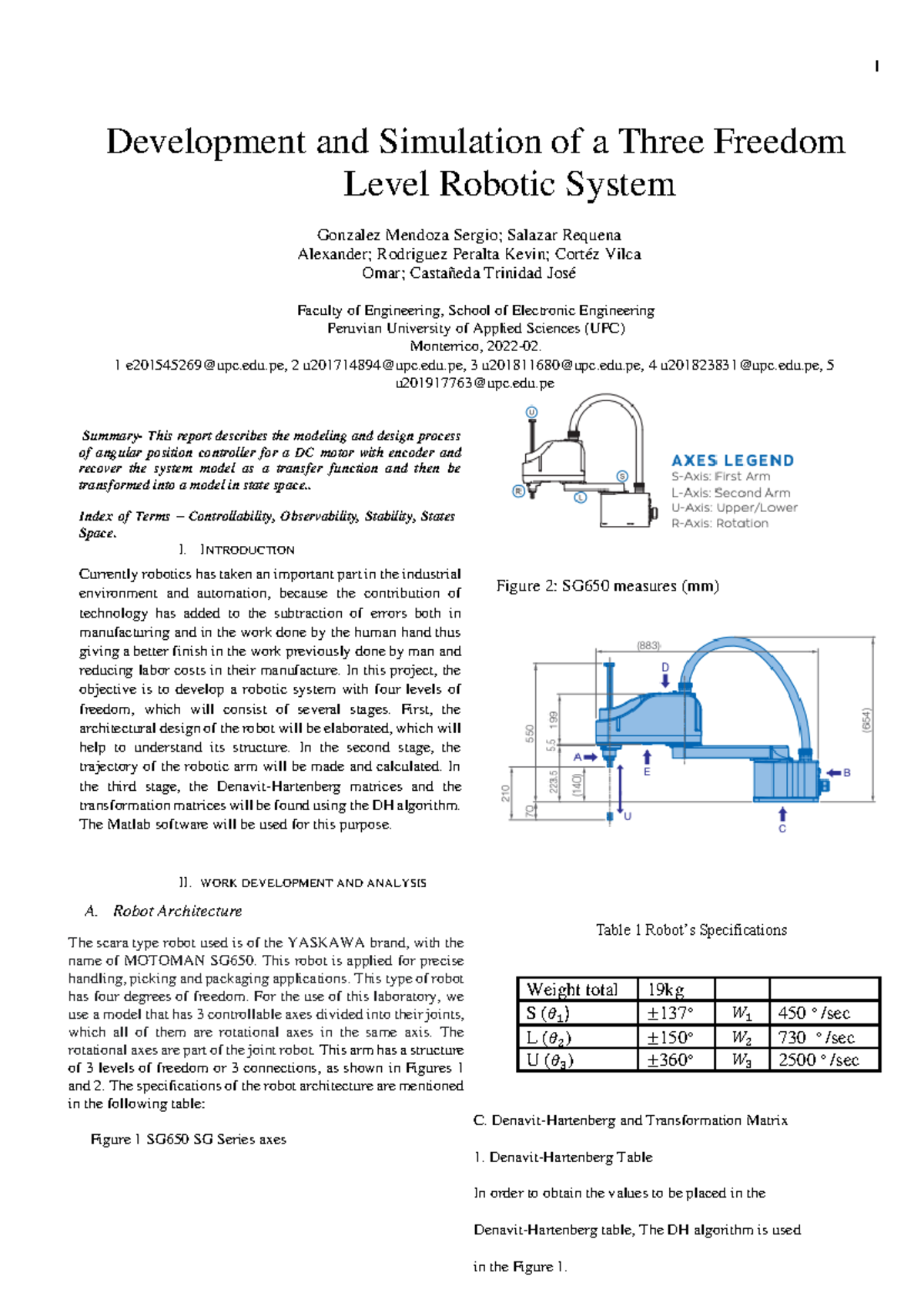 LAB 1 - specifications - 1 Development and Simulation of a Three Freedom Level Robotic System ...