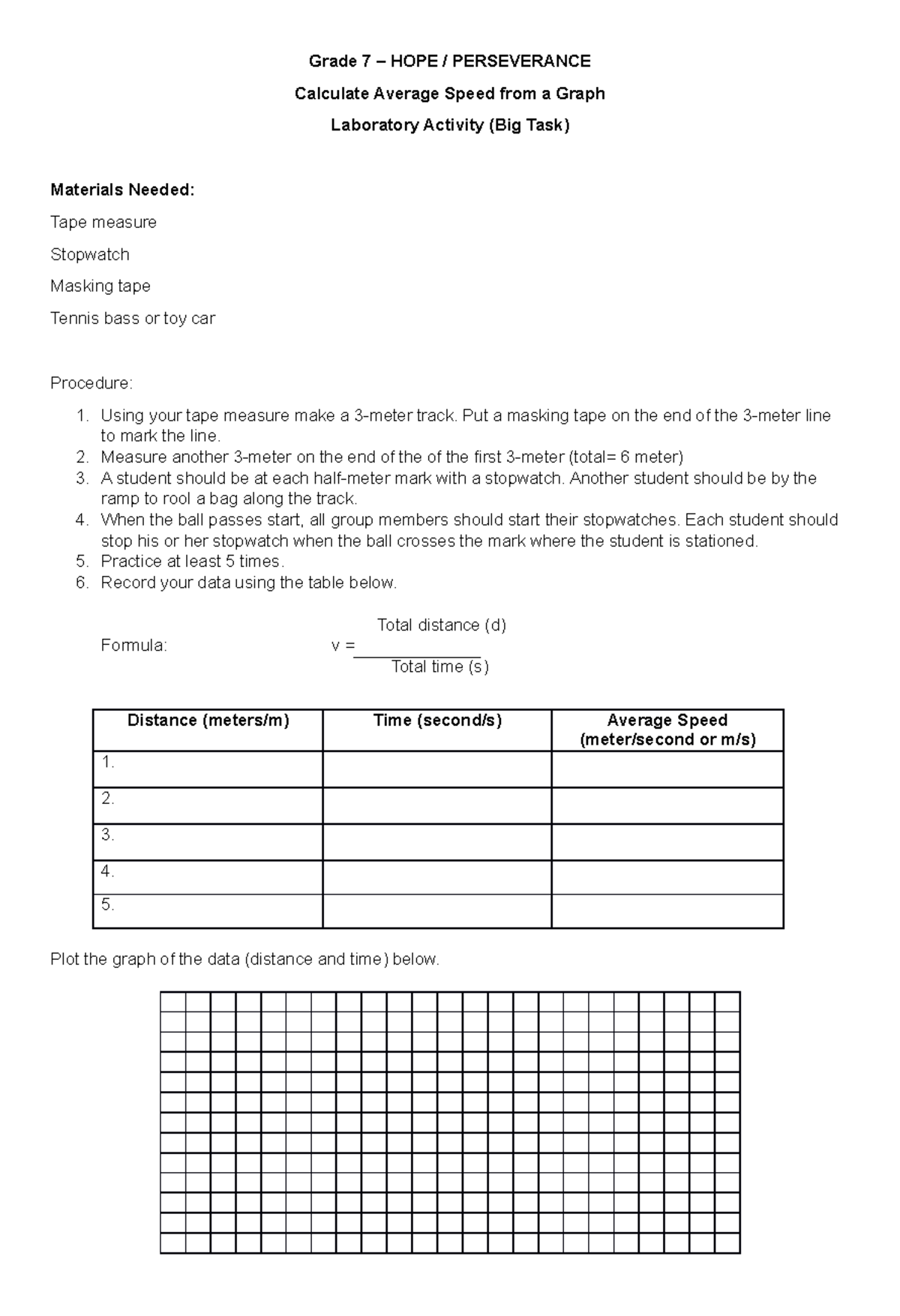 Average Speed Activity - Grade 7 – HOPE / PERSEVERANCE Calculate ...