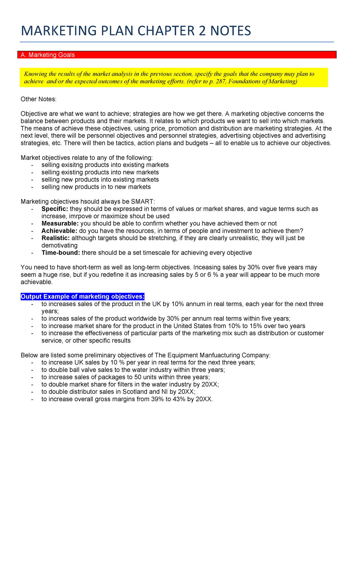 Notes Mark Plan Chapter 2 1of2 Goalsstp - MARKETING PLAN CHAPTER 2 ...