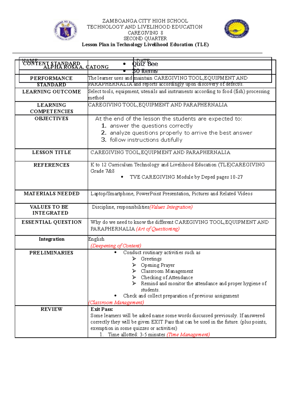 LESSON PLAN IN TLE - ZAMBOANGA CITY HIGH SCHOOL TECHNOLOGY AND ...