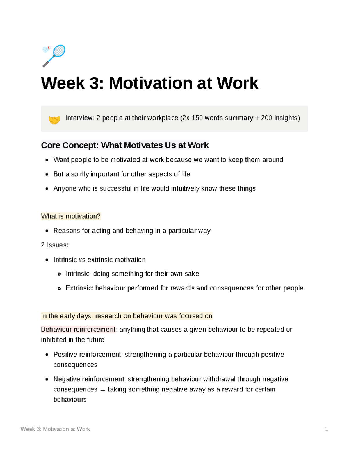 Week 3 Motivation at Work - å Week 3: Motivation at Work M Interview: 2 ...