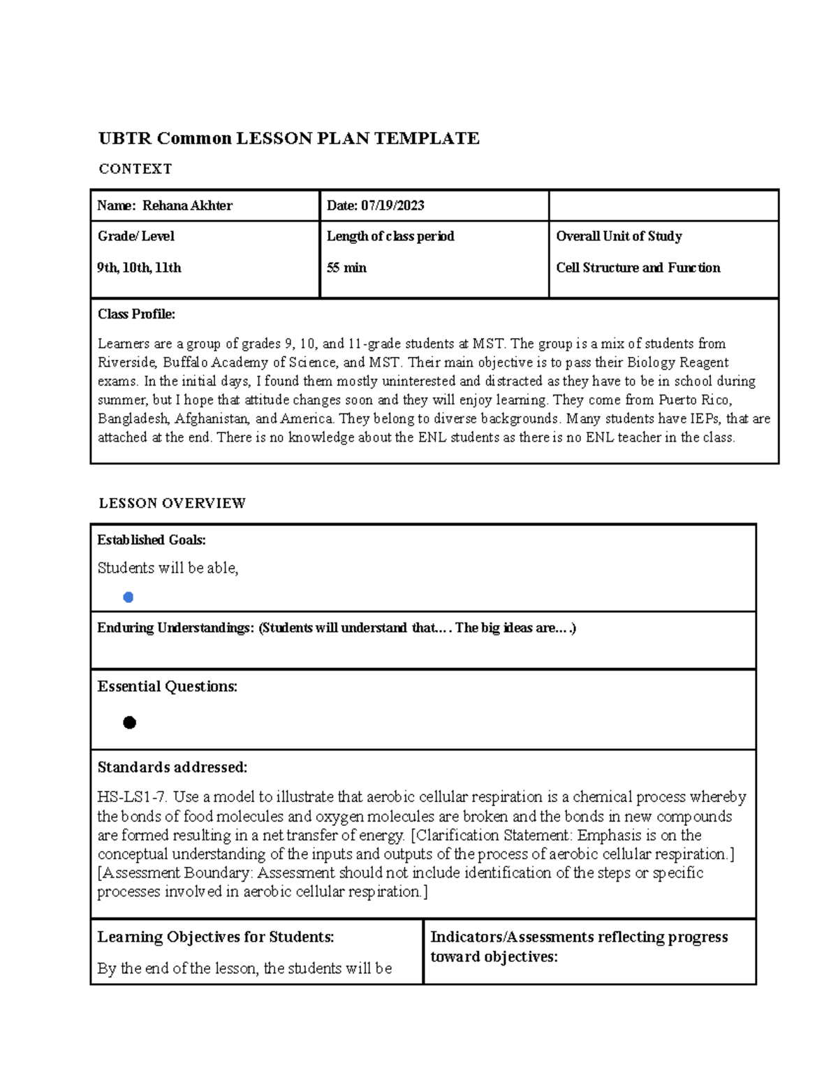 Cellular respiration and photosynthesis - UBTR Common LESSON PLAN ...