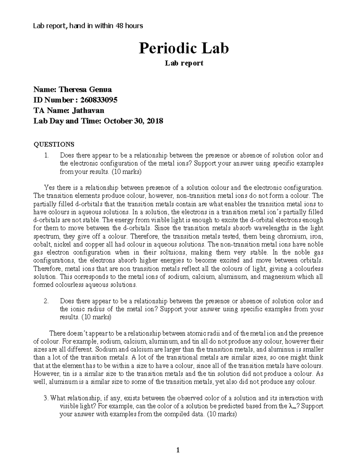 Periodic lab report - Lab report, hand in within 48 hours Periodic Lab ...