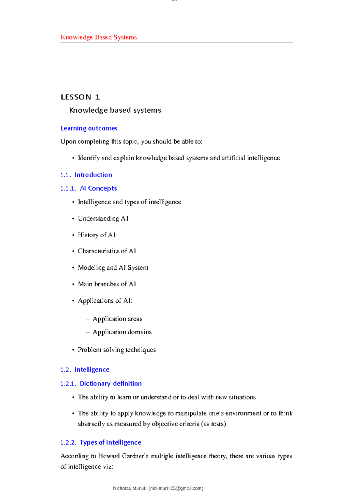 Class 1 kbs - lesson one notes on knowledge based systems - Knowledge ...