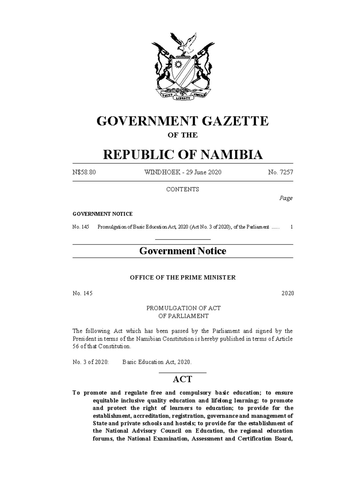 Basic Education ACT, 2020 ACT NO 3 OF 2020 No 4 - GOVERNMENT GAZETTE OF ...
