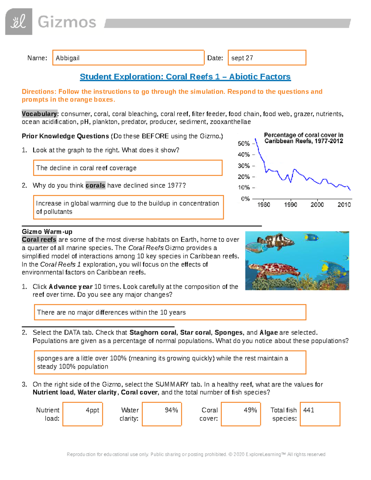 Coral reef Abiotic factors gizmo bio 20 Abbigail S - Google Docs - Name ...