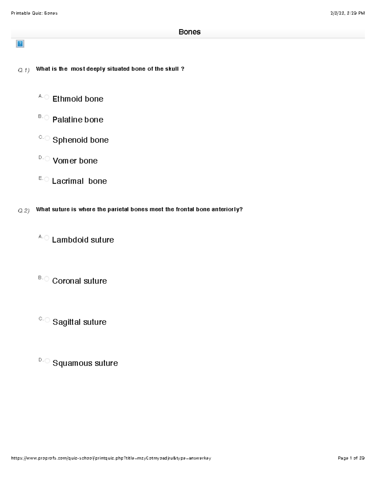 Printable Quiz: Bones 2 - Q) What is the most deeply situated bone of ...