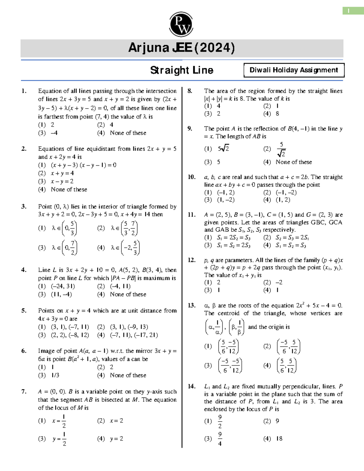 Straight Lines - helpful - Arjuna JEE (2024) Straight Line Equation of ...