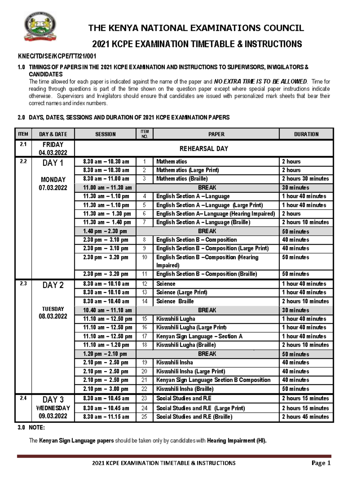 2021-KCPE-Timetable - Yes - 2021 KCPE EXAMINATION TIMETABLE ...