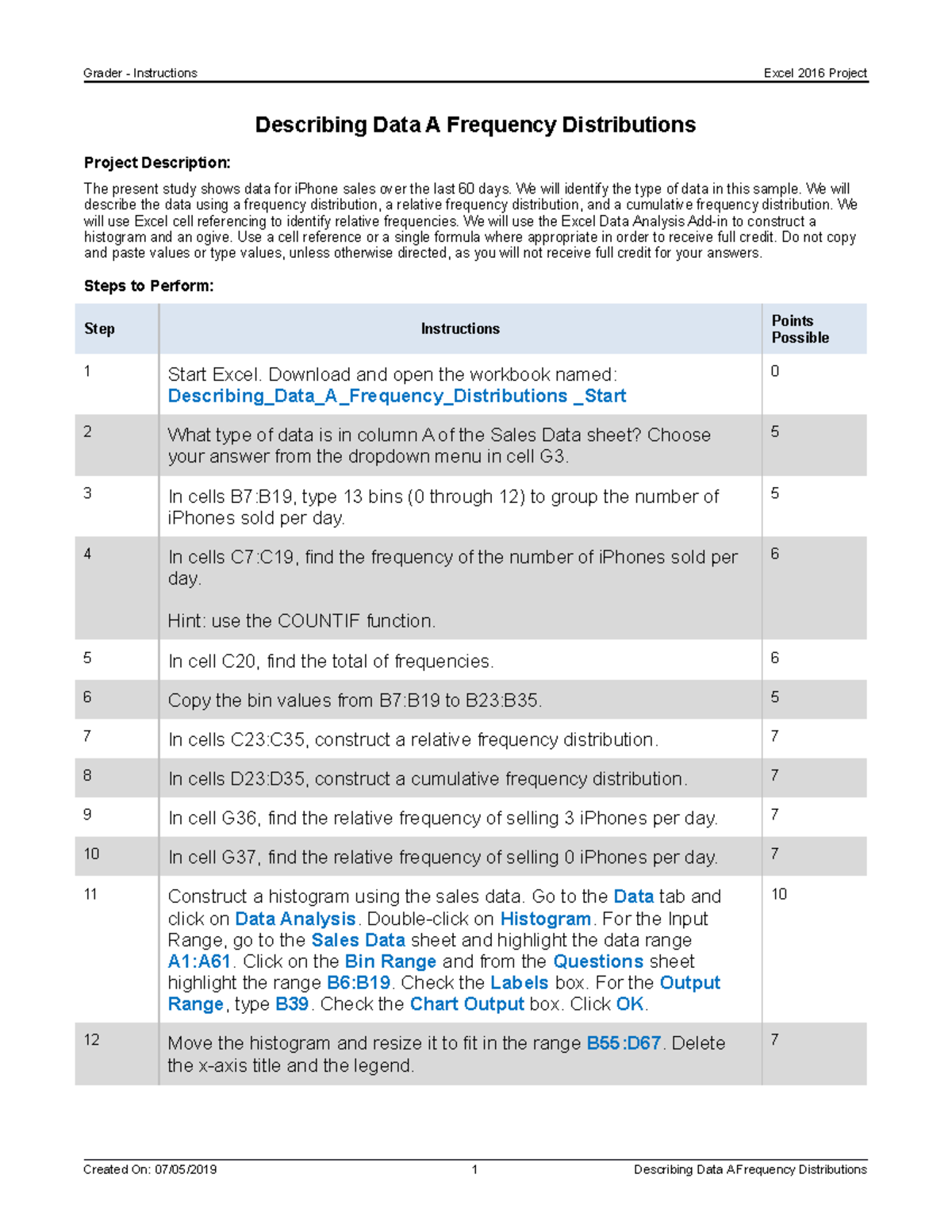 Describing Data A Frequency Distributions Instructions - Grader - Instructions Excel 2016 ...