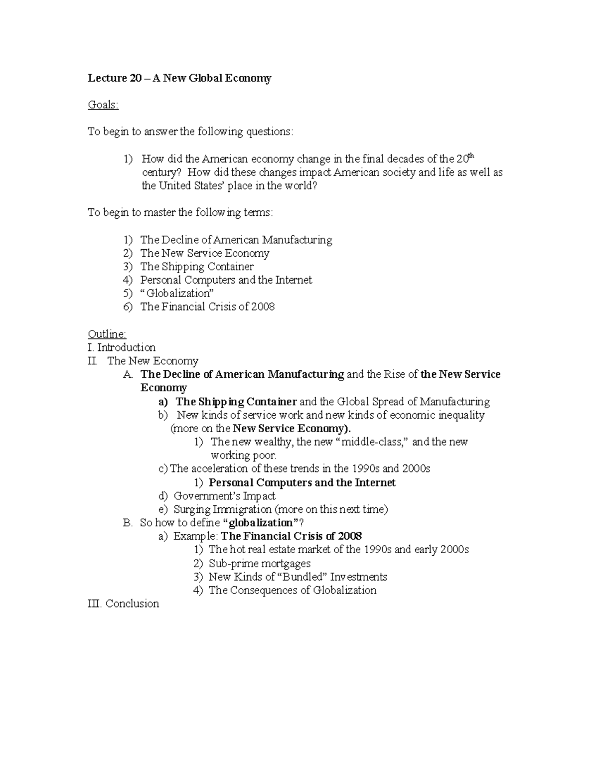 Lecture 17 Notes - Lecture 20 – A New Global Economy Goals: To begin to ...