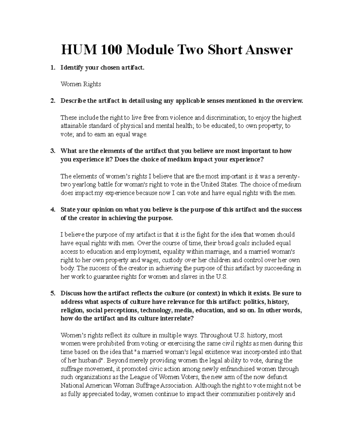 2-2 Short Answer Seeing Your Artifact in a New Light - HUM 100 Module ...