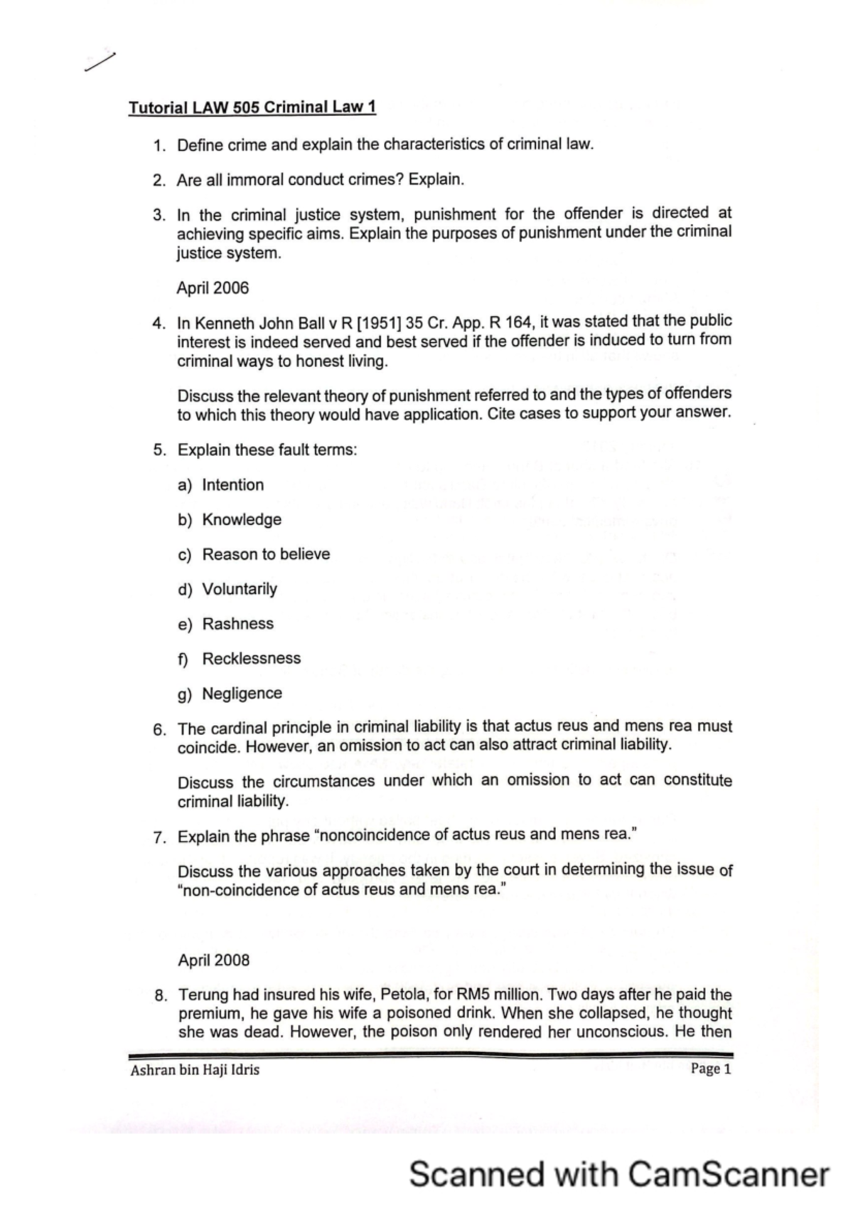 Tutorial Questions Criminal Law 1 - Studocu