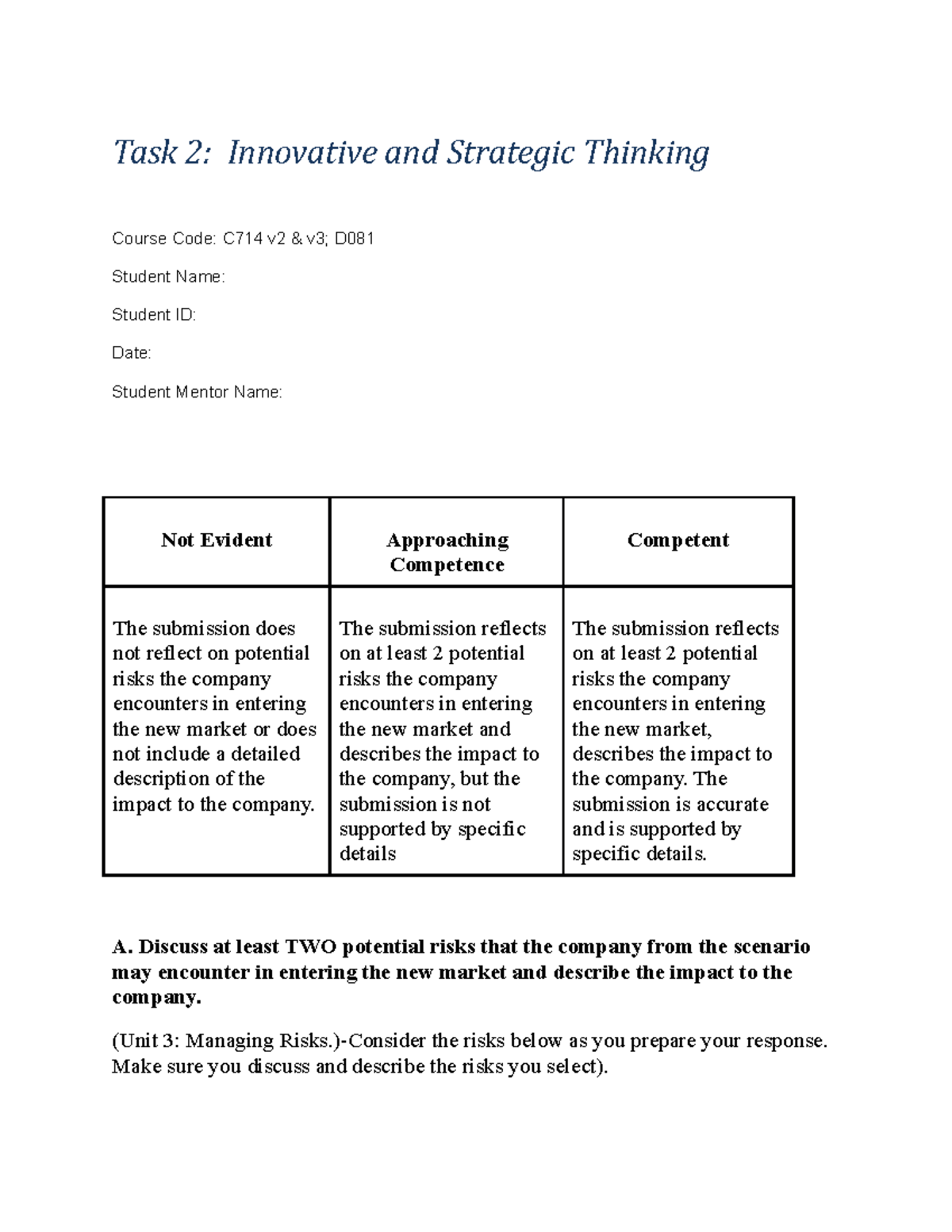 D081 - Task 2 Tip Sheet - Task 2: Innovative and Strategic Thinking ...