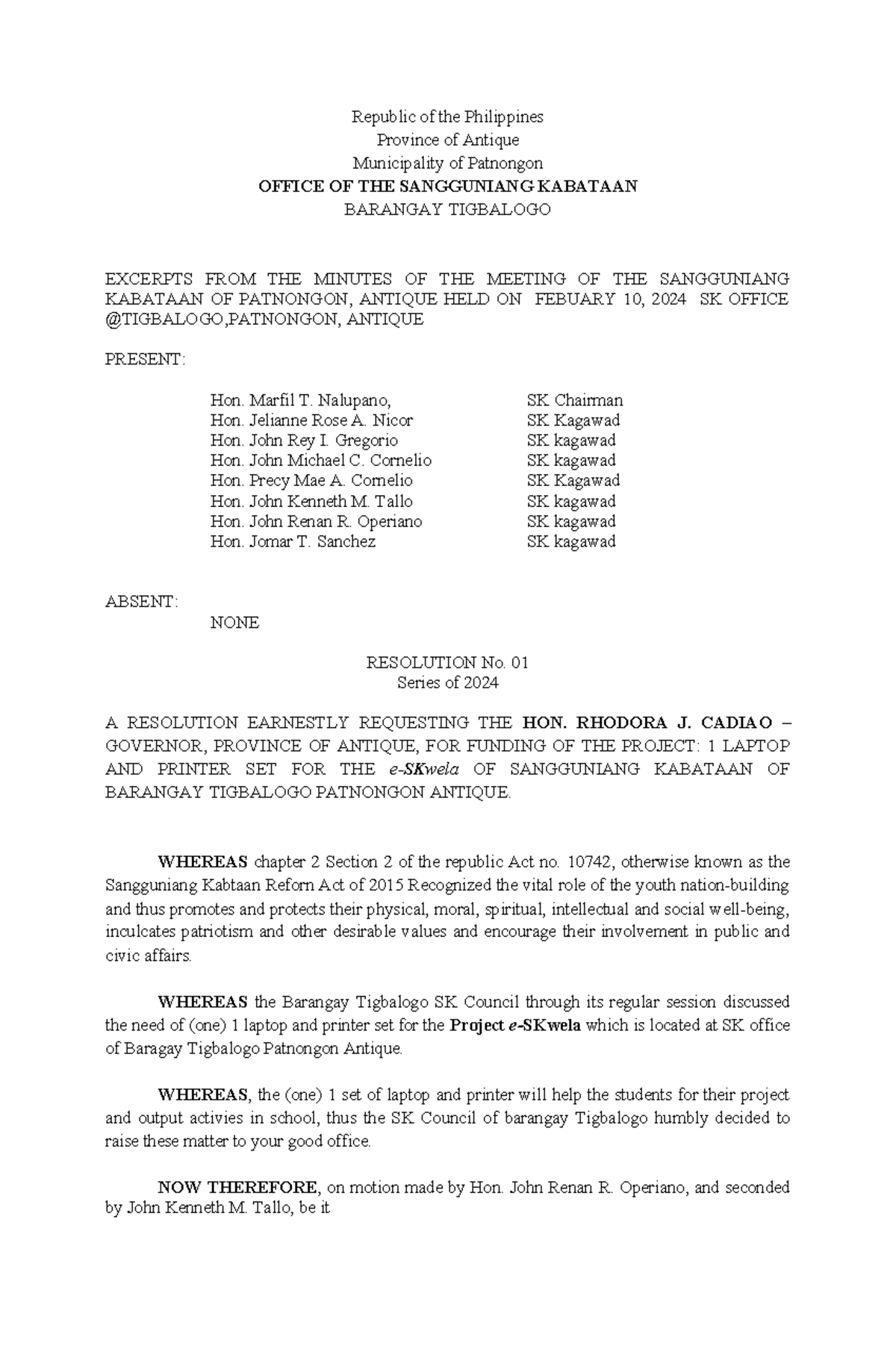 Resolution NO, 1 Laptop AND Printer - Republic of the Philippines ...