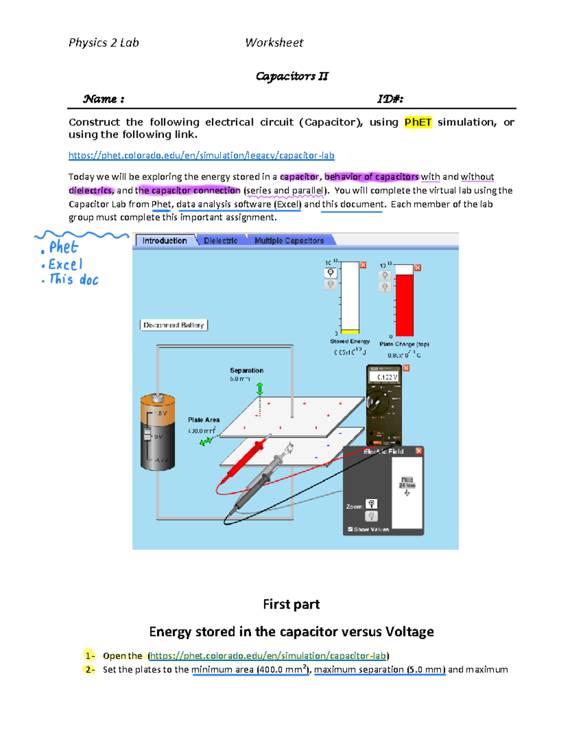 Capacitor 2 worksheet B - Capacitors II Name : ID#: Construct the ...