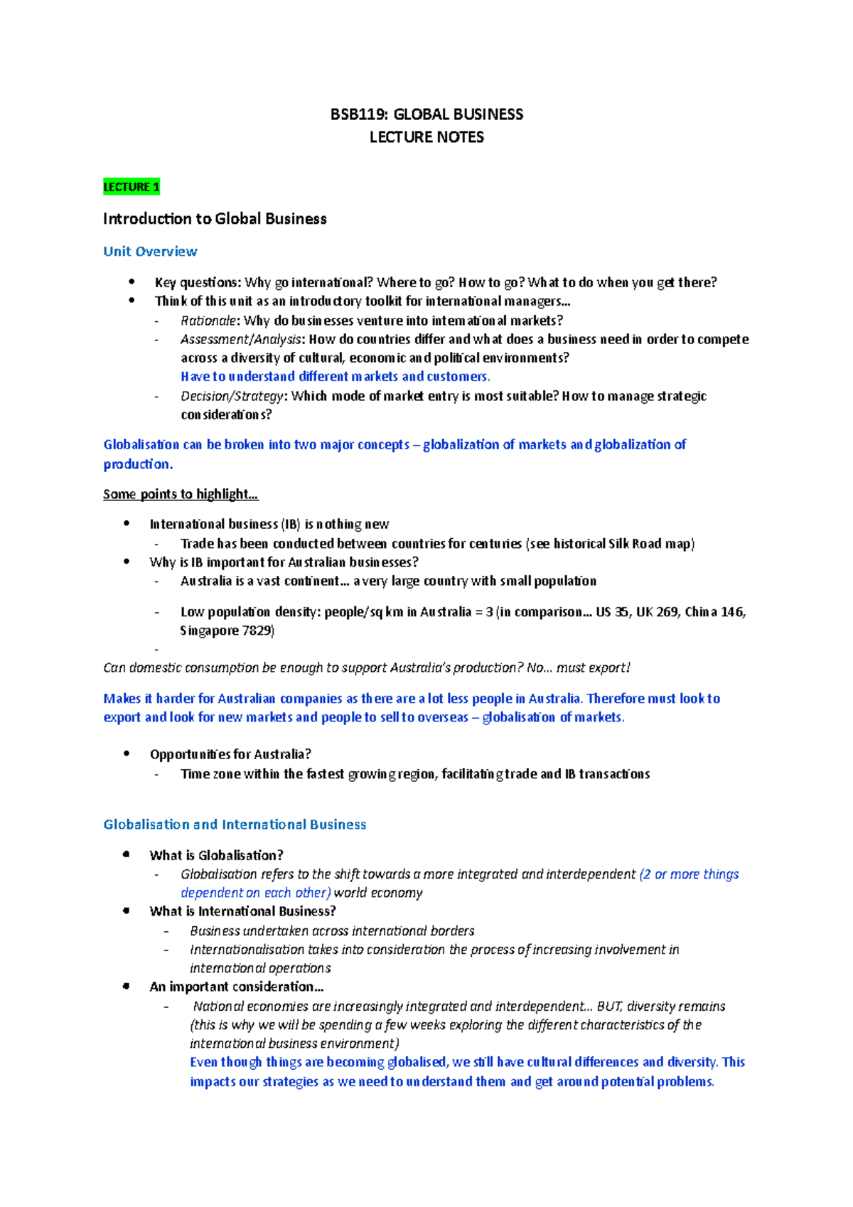 1 Global Business - Lecture Notes - BSB119: GLOBAL BUSINESS LECTURE ...