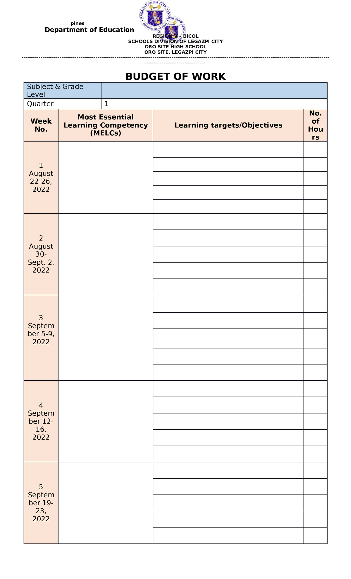 Budget OF WORK - For school purposes - pines Department of Education ...