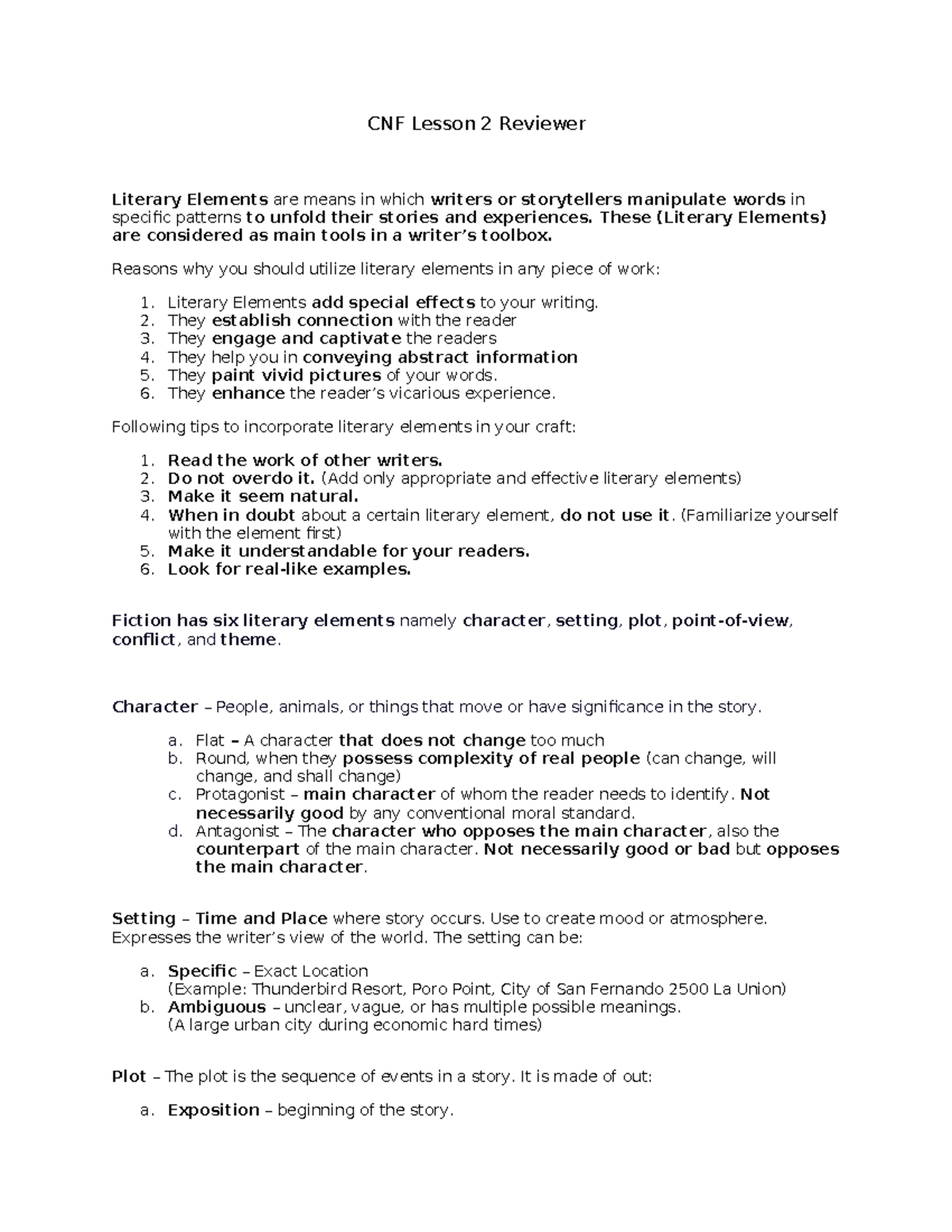 Inbound 5750631961980512576 - CNF Lesson 2 Reviewer Literary Elements ...