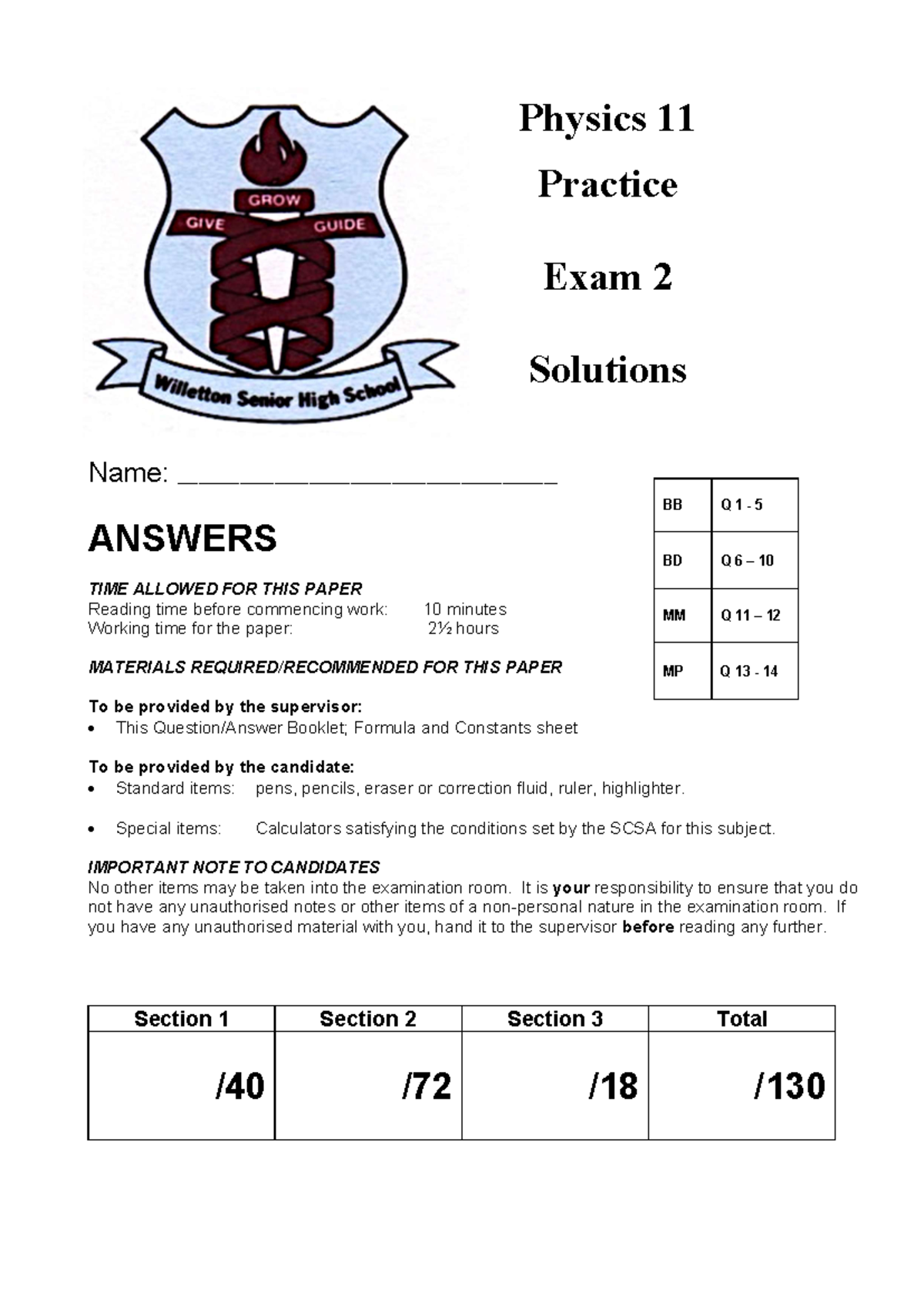 Physics 11 Sem 1 practice exam 2 solutions - Name: - Studocu