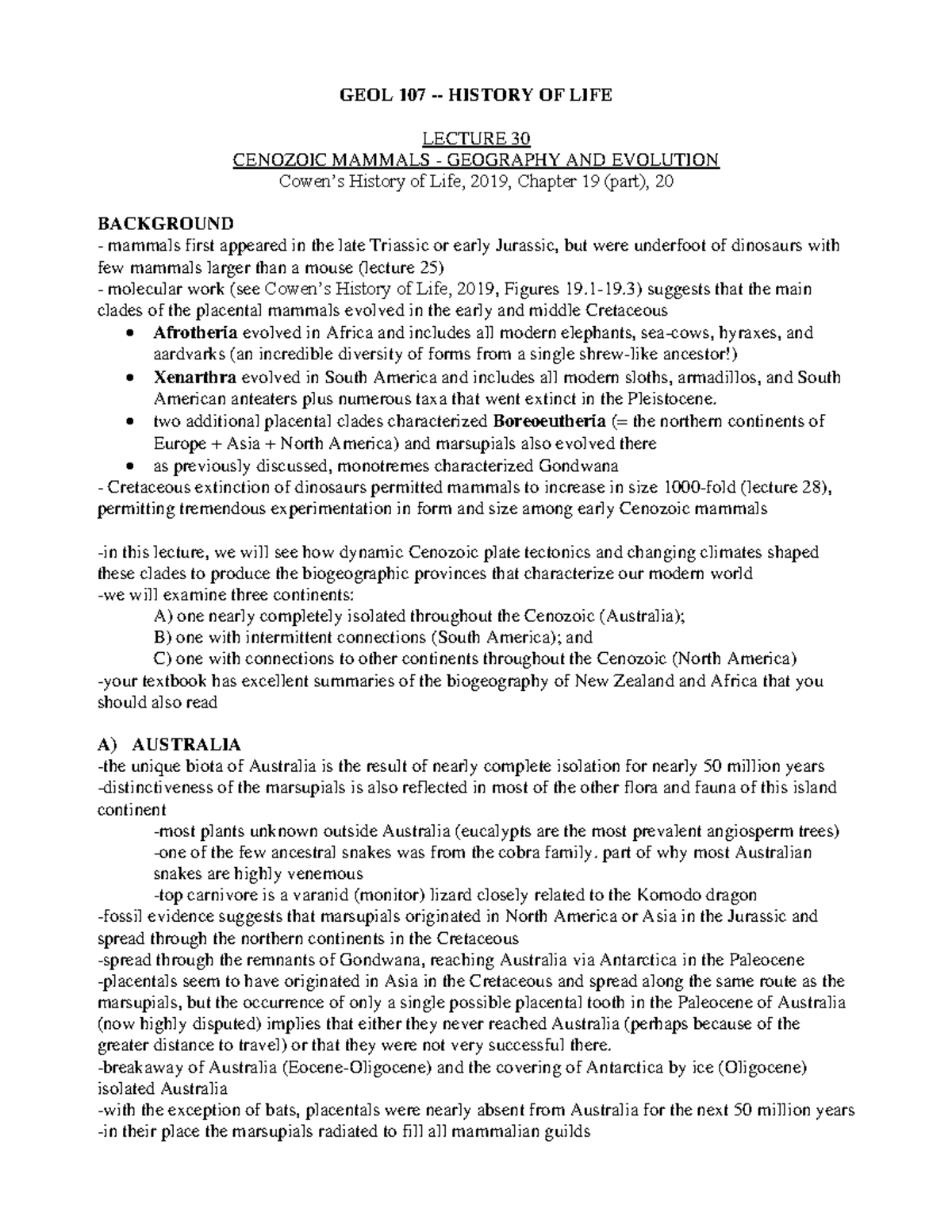 Geol107-lecture 30 2020 Mammalian biogeography complete - GEOL 107 ...