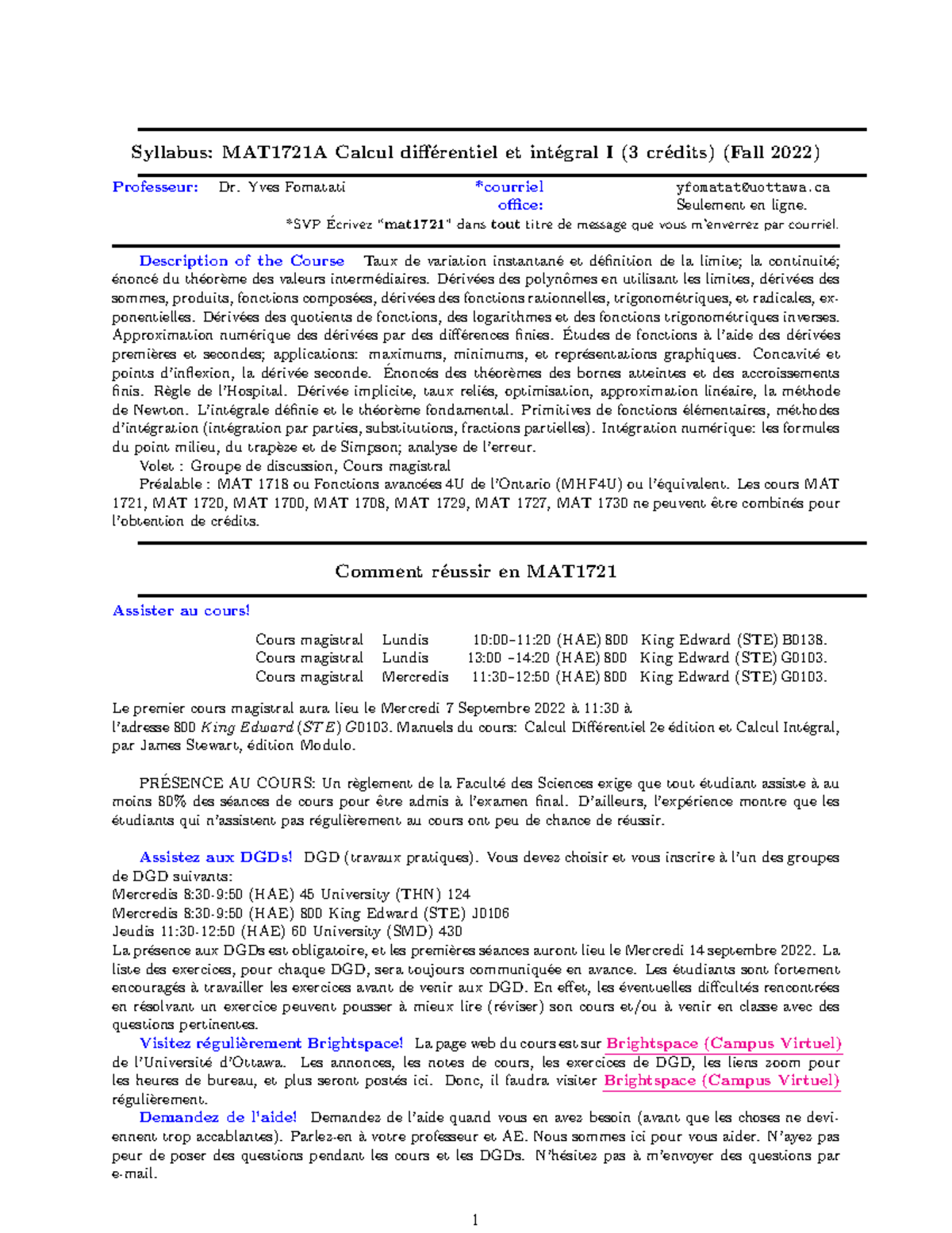 MAT 1721 A-syllabus-Aut. 2022 - Syllabus: MAT1721A Calcul diff ...