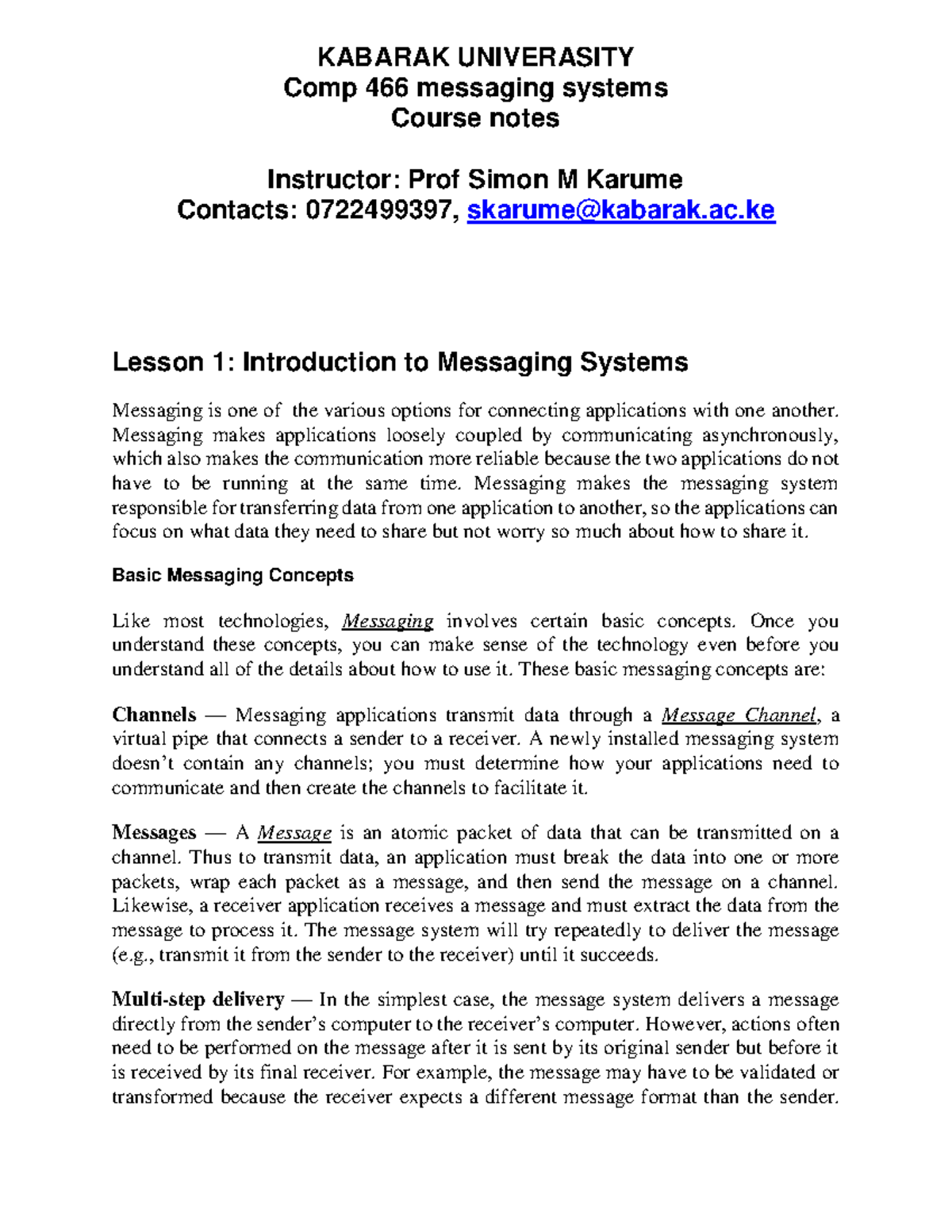 Lesson 1 to 12 Messaging Systems notes - KABARAK UNIVERASITY Comp 466 ...