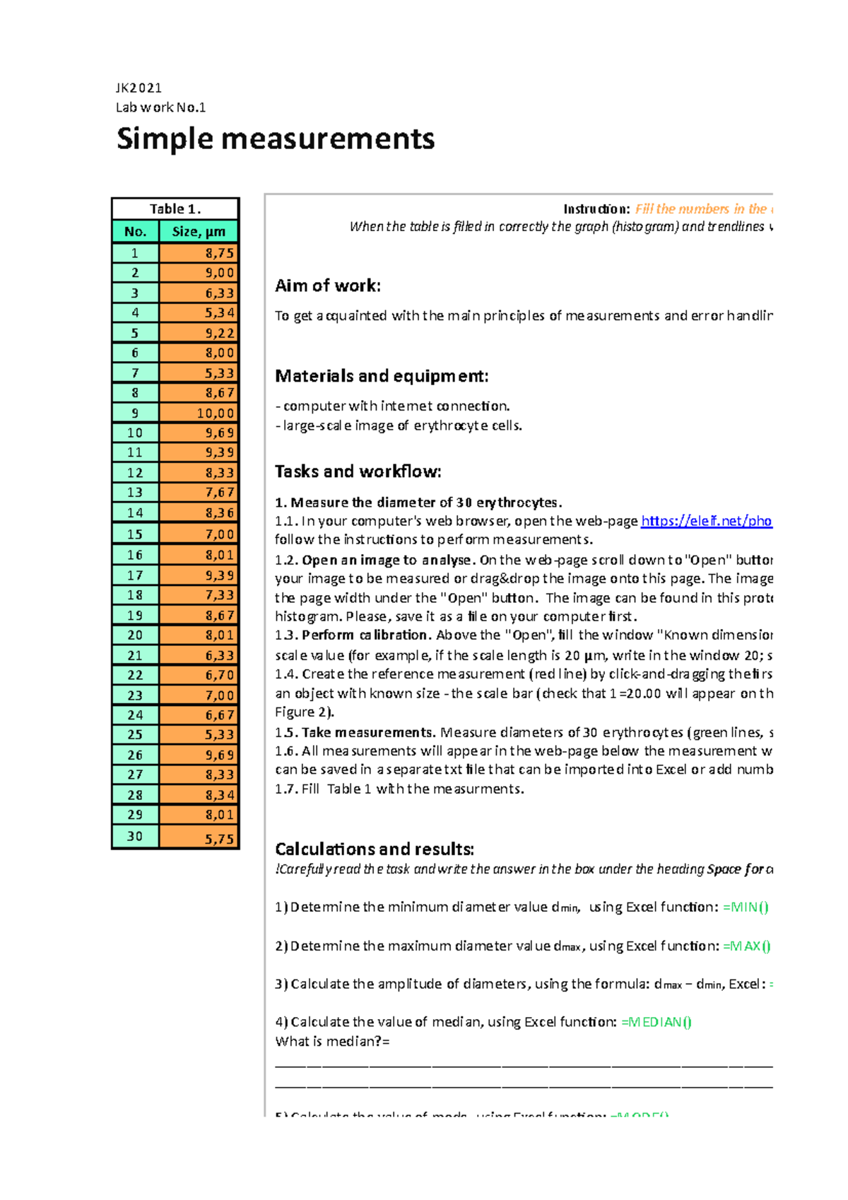 Simple measurements, physics - JK Lab work No. Simple measurements No ...