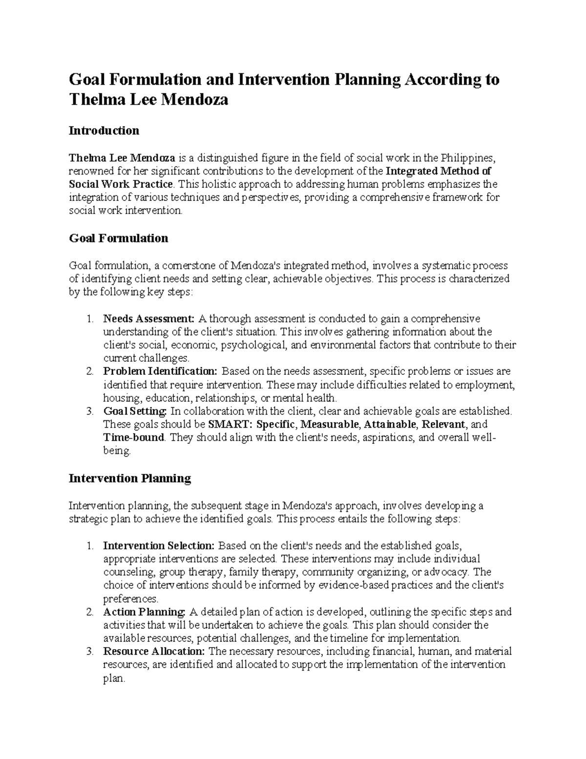 Written Report - Social Work Planning - Goal Formulation and ...