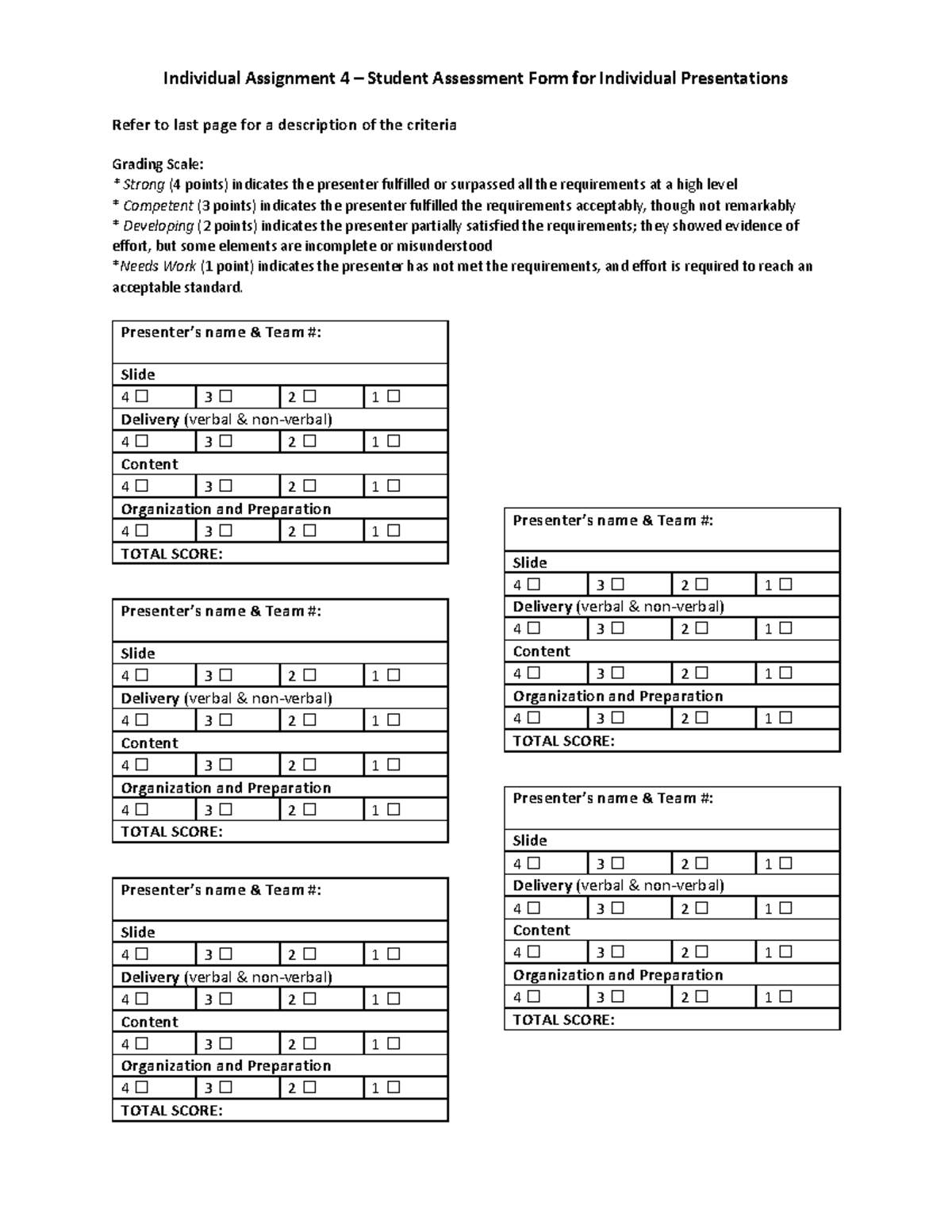 Individual Assignment 4 - Student Assessment Form for Individual ...