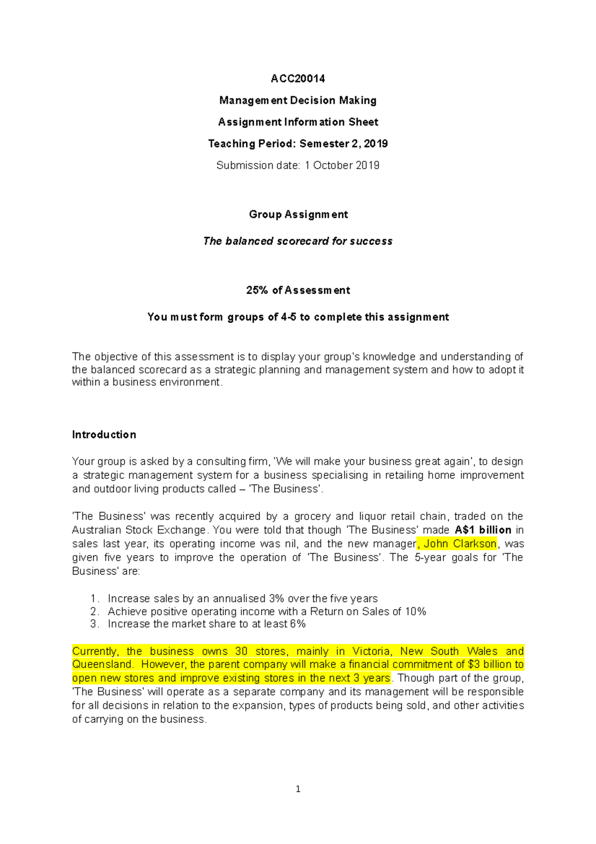 Assignment Information Sheet 2 2019 - ACC Management Decision Making ...