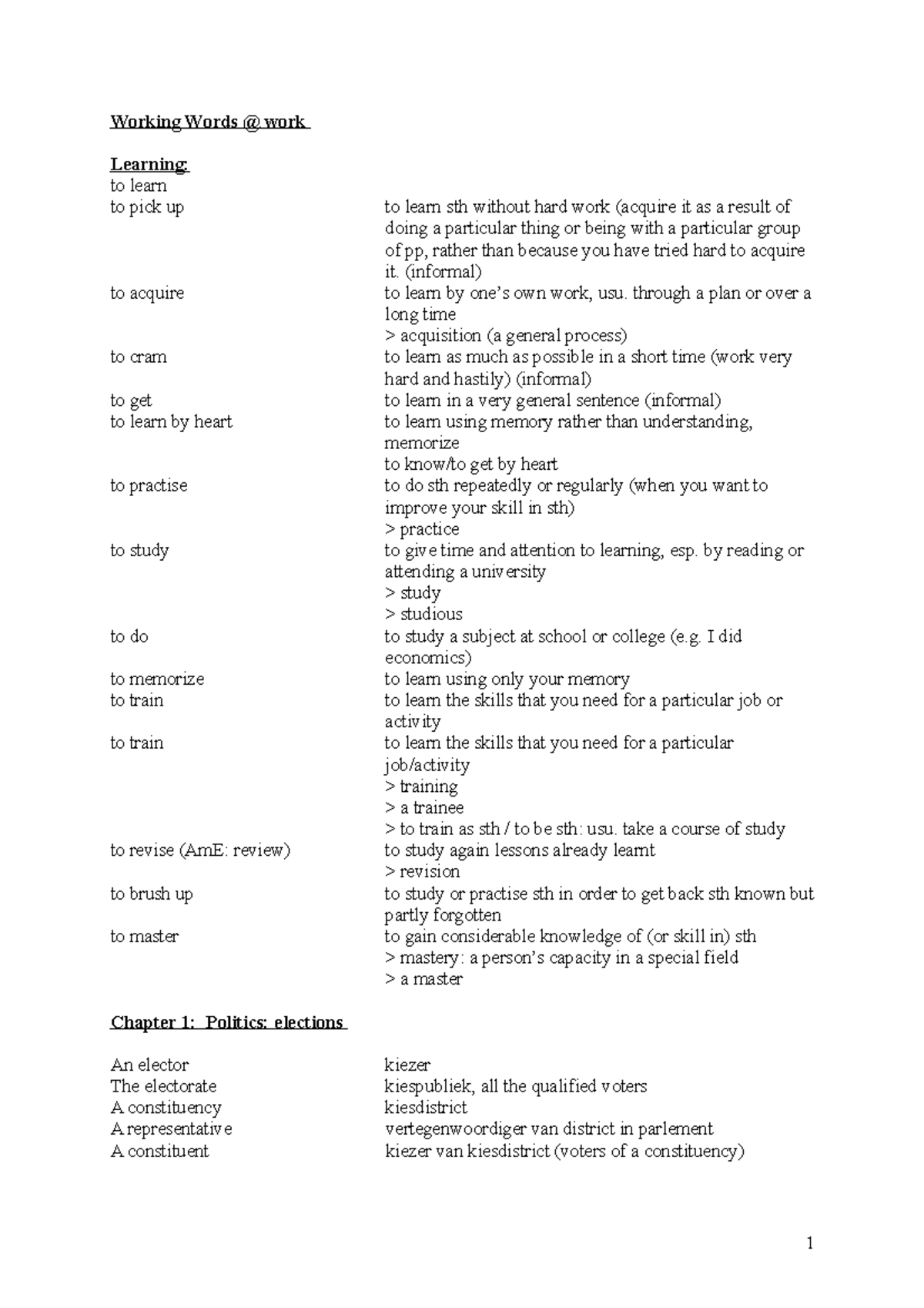 Working Words at work - Voc lijst - Working Words @ work Learning: to ...