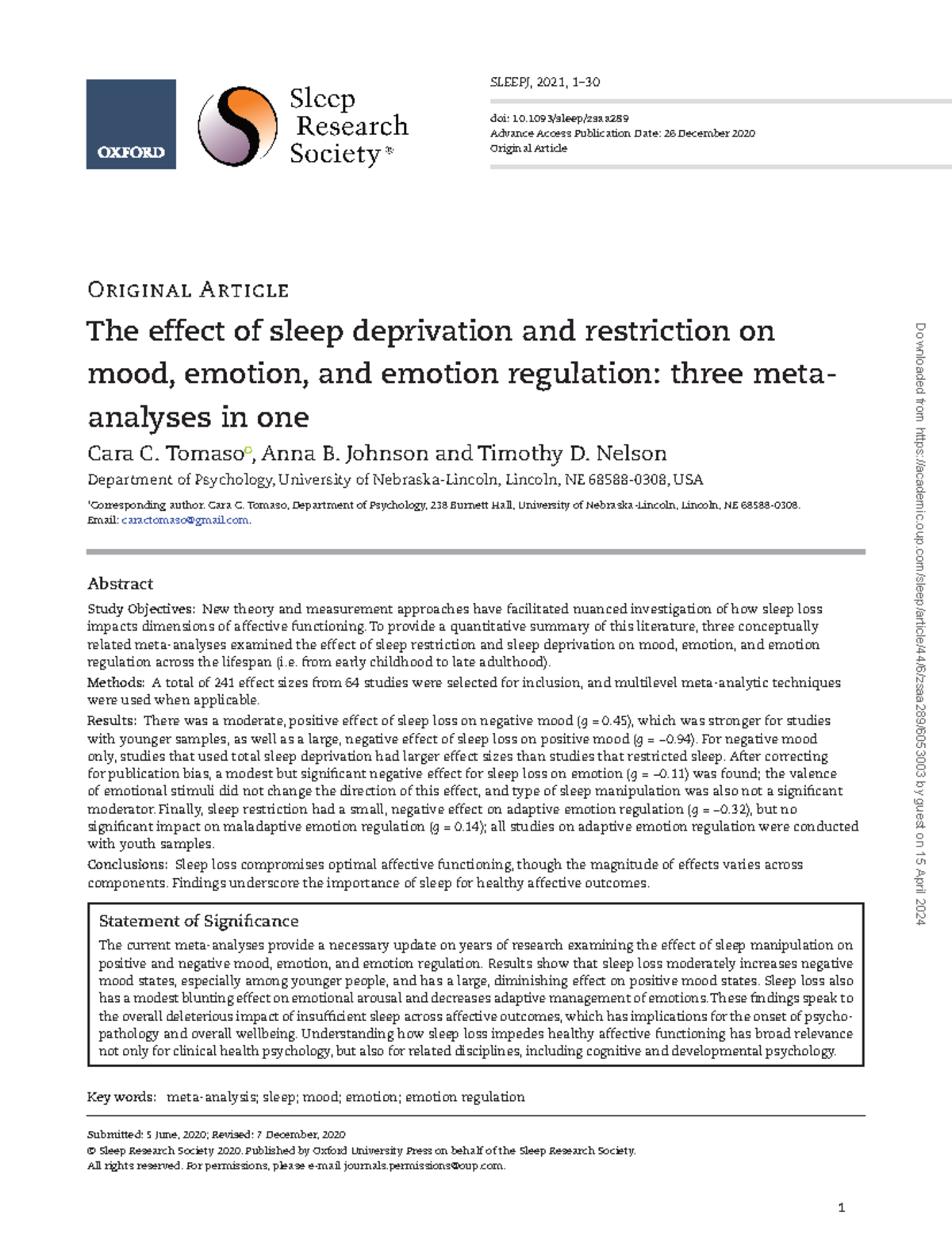 Zsaa289 - .... - 1 SLEEPJ, 2021, 1– doi: 10/sleep/zsaa Advance Access ...