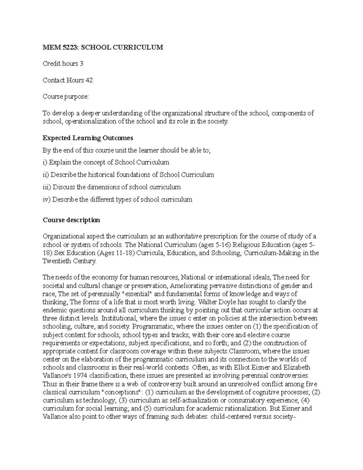 MEM 5223 Course Outline - MEM 5223: SCHOOL CURRICULUM Credit hours 3 ...